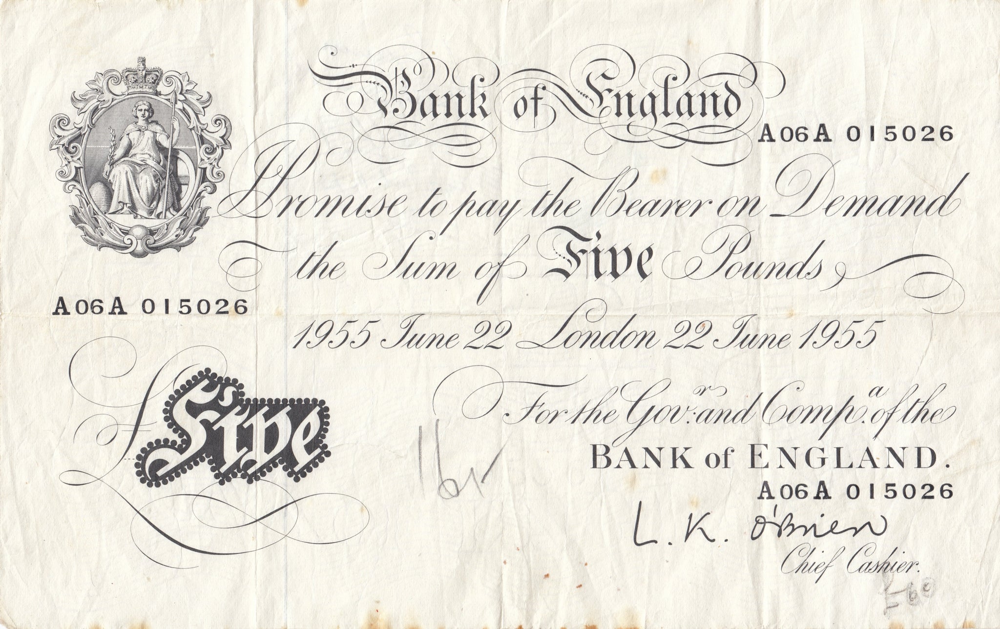 1955 WHITE FIVE POUND NOTE JUNE 22ND BANK OF ENGLAND O'BRIEN REF W£5-19 ...
