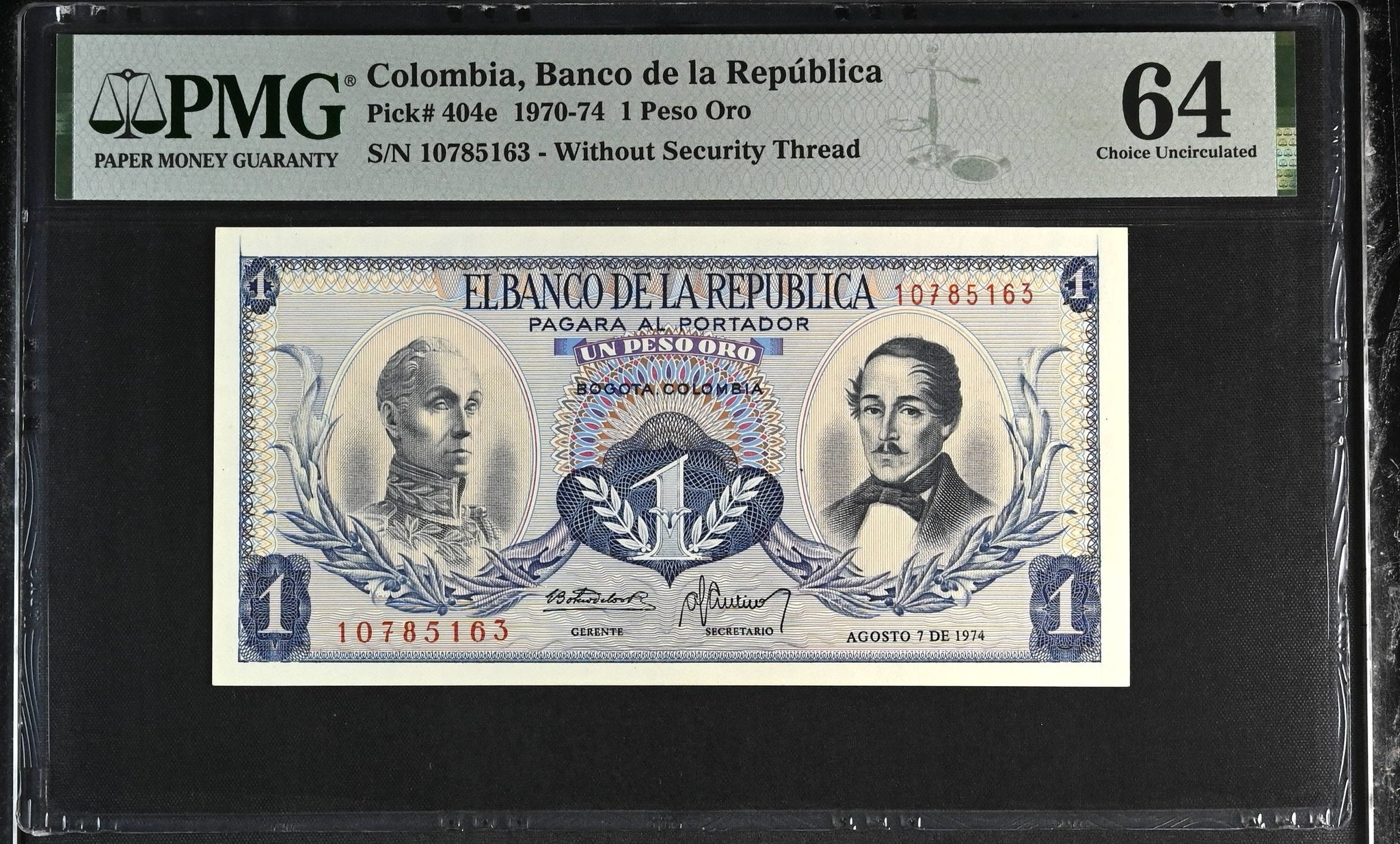 1970-74 COLOMBIA ONE PESO ORO BANCO DE REPUBLICA P404e 64 PMG PMG ...