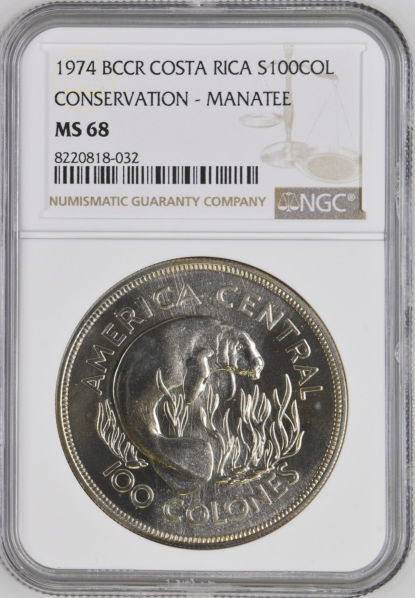 1974 SILVER COSTA RICA 100 COLONES CONSERVATION MANATEE ( NGC ) MS68 ...
