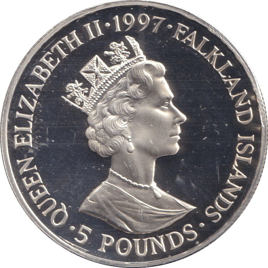 1997 FIVE POUNDS FALKLAND ISLANDS QUEEN ELIZABETH AND PHILIP SILVER ...