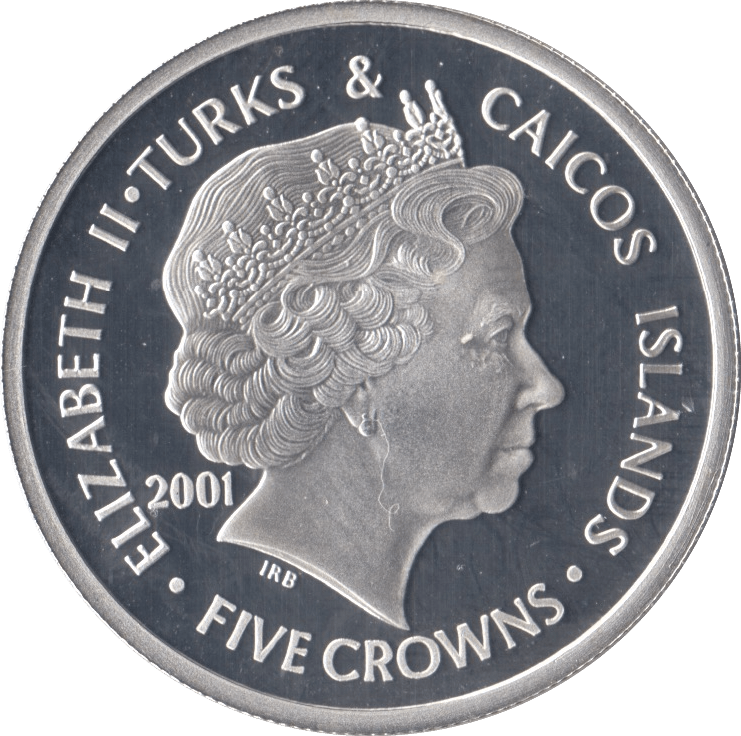 2001 SILVER PROOF QUEEN MOTHER FIVE CROWNS TURKS AND CAICOS WORLD COINS ...