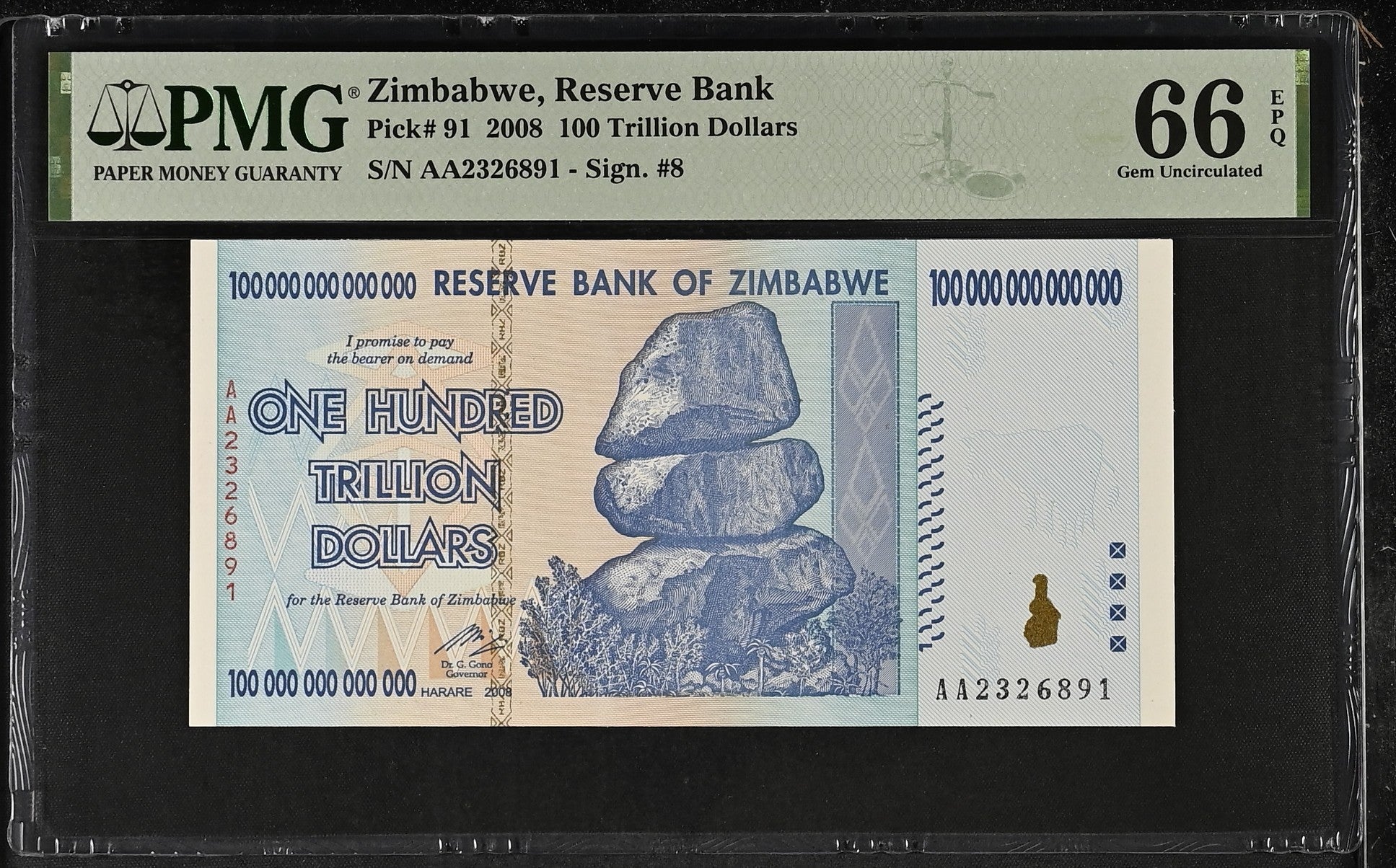 2008 ZIMBABWE 100 TRILLION DOLLARS RESERVE BANK P91 66 EPQ PMG PMG ...