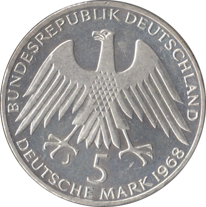 1968 FRIEDRICH WILHELM GERMANY SILVER 5 MARKS SILVER WORLD COINS ...