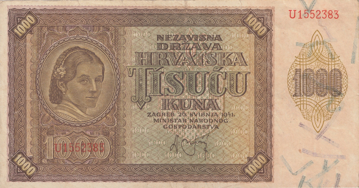 1941 1000 KUNA BANKNOTE NAZI STATE CROATIA REF 699 - Cambridgeshire ...