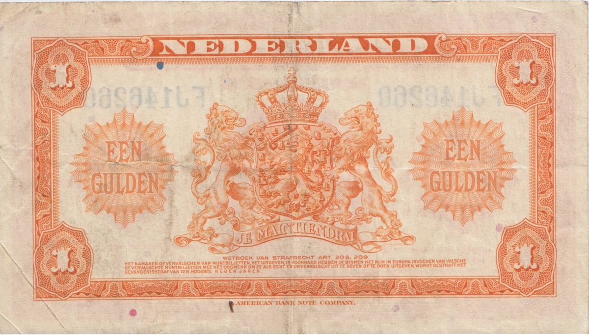 1943 ONE GULDEN BANKNOTE NETHERLANDS REF 920 - Cambridgeshire Coins ...