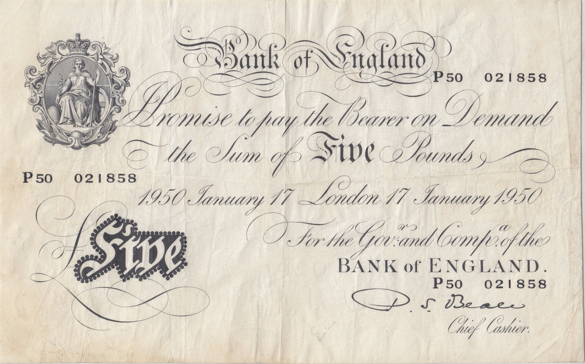 1950 AUGUST 9TH LONDON BANK OF ENGLAND WHITE FIVE POUND NOTE W£5-6 £5 ...