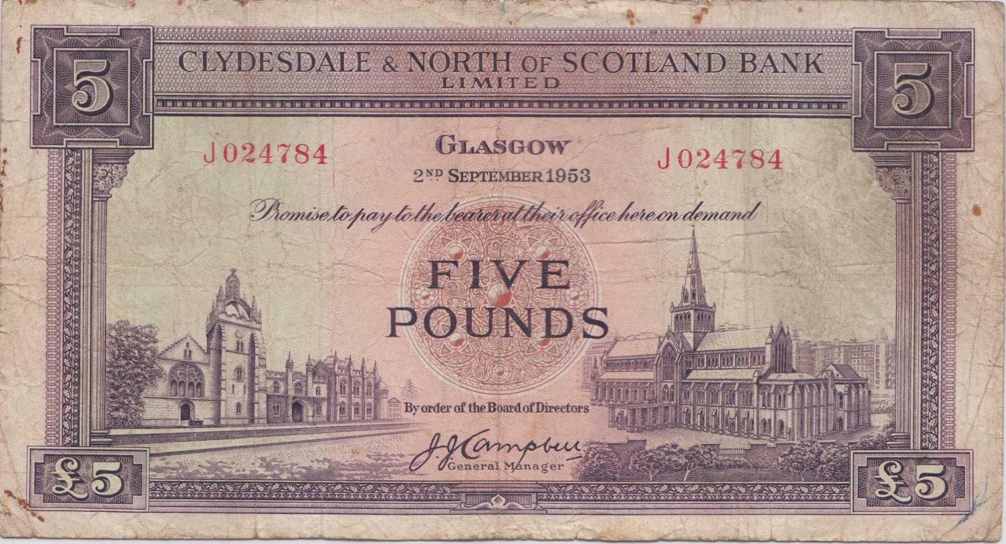 1953 £5 SCOTTISH BANKNOTE CLYDESDALE & NORTH OF SCOTLAND BANK REF SCOT ...