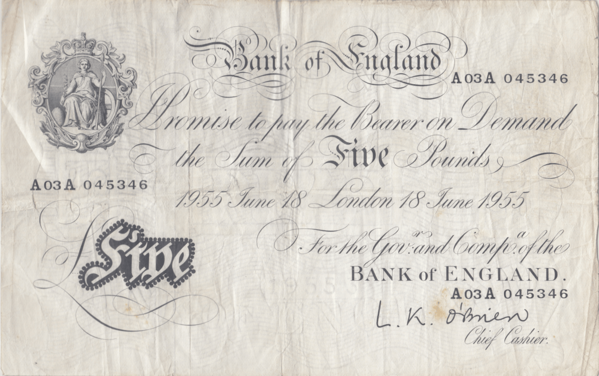 1955 WHITE FIVE POUND NOTE JUNE 18TH BANK OF ENGLAND L.K. O'BRIEN W£5-5 ...