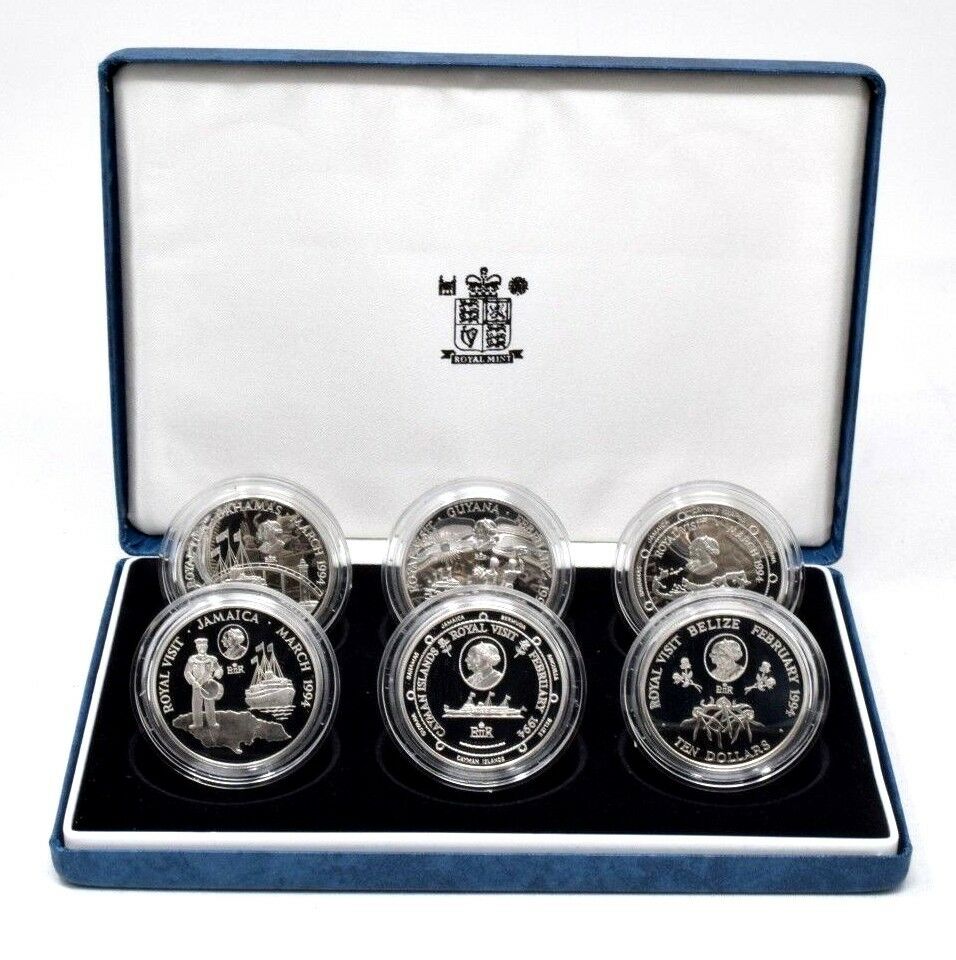1994 Caribbean Dollars Royal Visit Silver Proof Coin Collection BOX ...