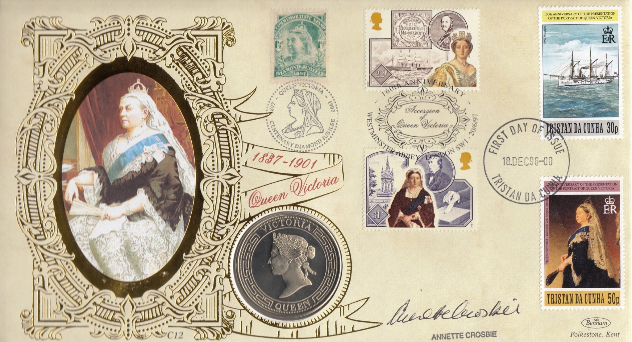 1997 QUEEN VICTORIA MEDALLION COIN COVER SIGNED BY ANNETTE CROSBIE REF ...