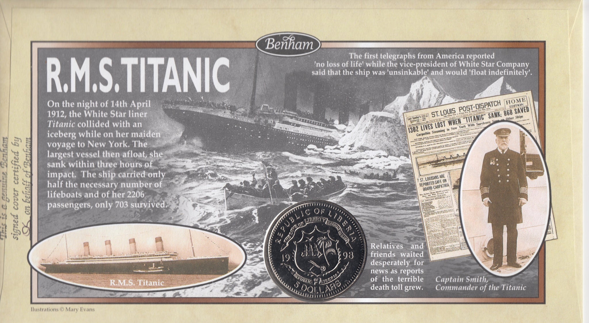 1998 RMS TITANIC $5 COIN COVER SIGNED BY MILLVINA DEAN REF CC11 coin ...