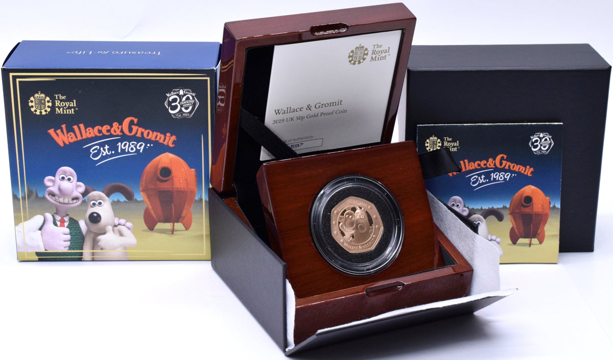 2019 Gold Proof 50p Fifty Pence Coin Wallace & Gromit BOX + COA Gold ...