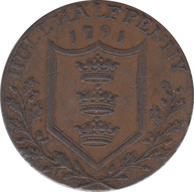 1791 HALFPENNY TOKEN YORKSHIRE HULL SHIELD OF ARMS SHIP SAILING DH23 ...